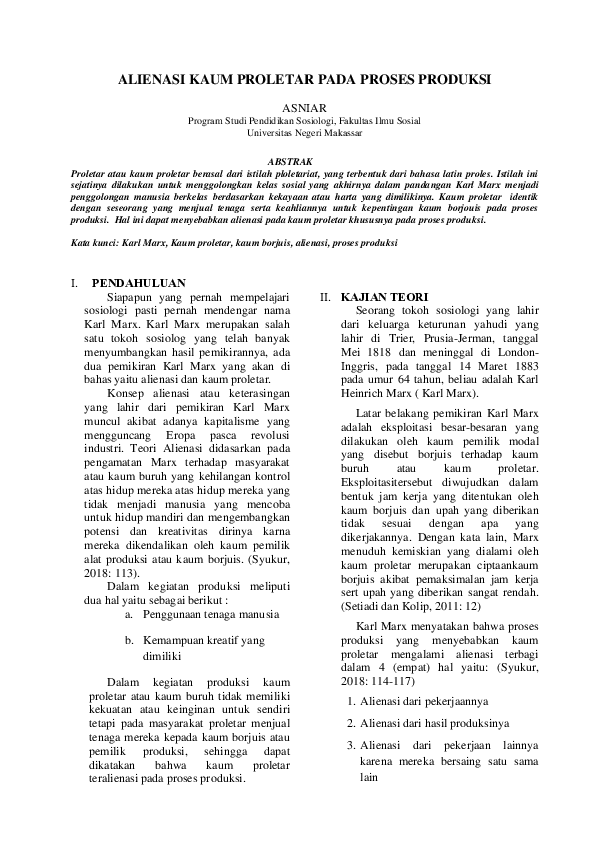 (PDF) ALIENASI KAUM PROLETAR PADA PROSES PRODUKSI ASNIAR | Asniar Niar - Academia.edu