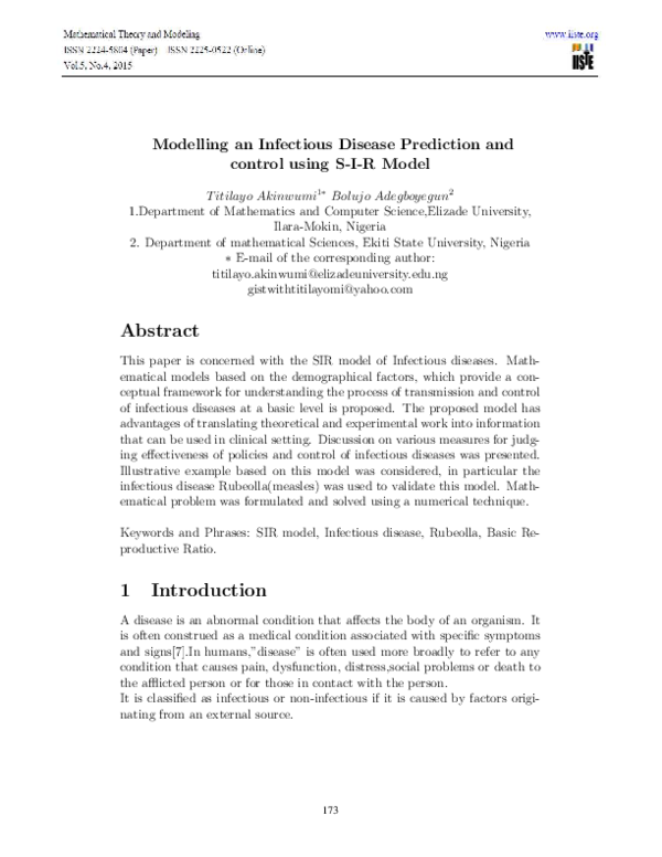 (PDF) Modelling an Infectious Disease Prediction and control using S-I ...