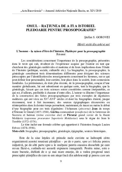 (PDF) Omul - rațiunea de a fi a istoriei. Pledoarie pentru prosopografie
