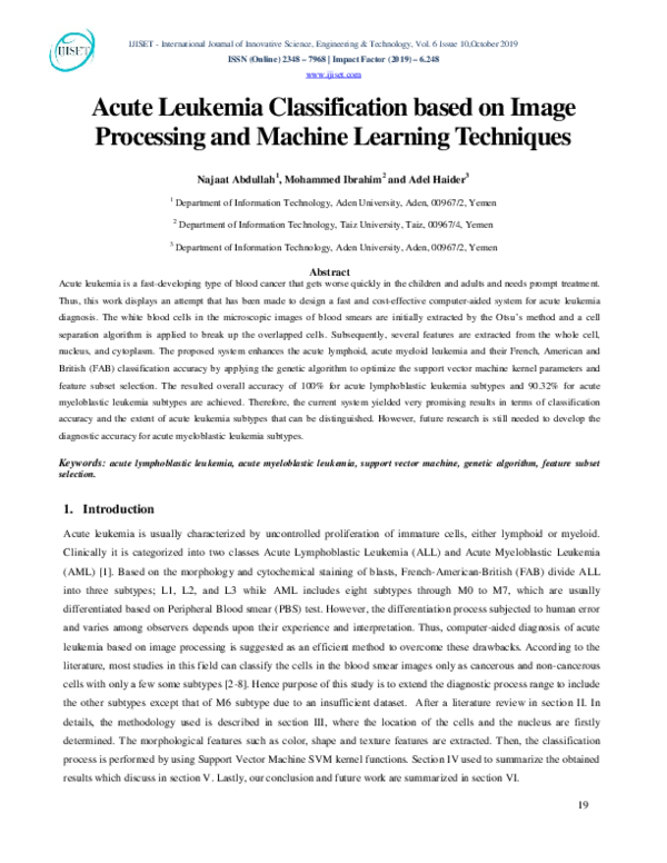 Pdf Acute Leukemia Classification Based On Image Processing And Machine Learning Techniques