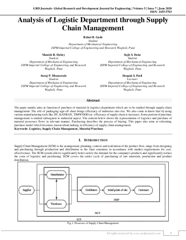 (PDF) Analysis of Logistic Department through Supply Chain Management