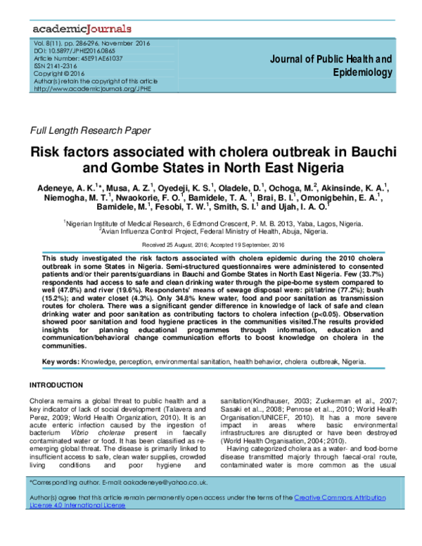 (PDF) Journal of Public Health and Epidemiology Risk factors associated with cholera outbreak in ...