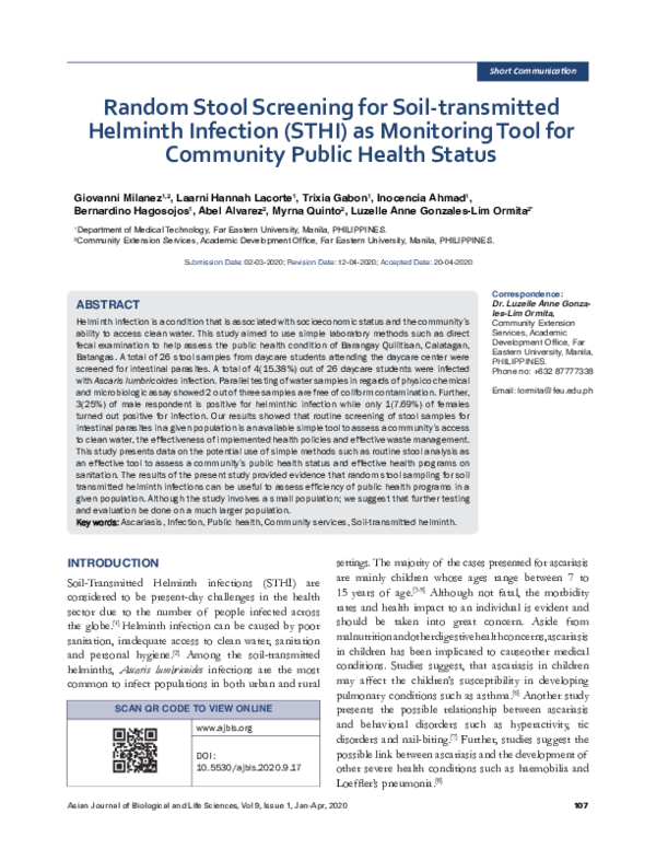 (PDF) Random Stool Screening for Soil-transmitted Helminth Infection ...