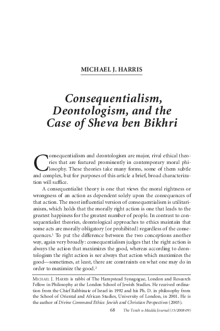 (PDF) Consequentialism, Deontologism, and the Case of Sheva ben Bikhri
