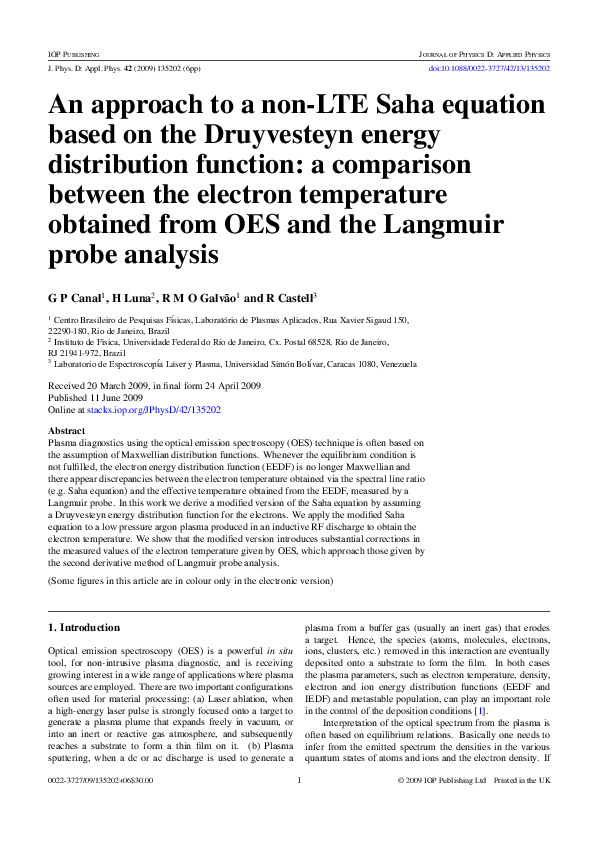 (PDF) An approach to a non-LTE Saha equation based on the Druyvesteyn ...