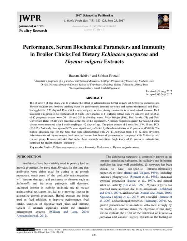 (PDF) Performance, Serum Biochemical Parameters and Immunity in Broiler ...