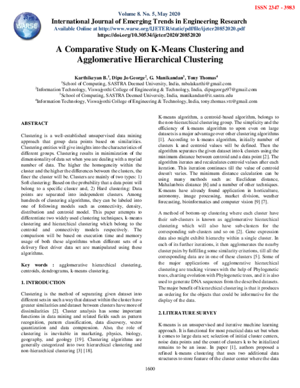 (PDF) A Comparative Study on K-Means Clustering and Agglomerative ... (PDF) A Comparative Study on K-Means Clustering and Agglomerative ...