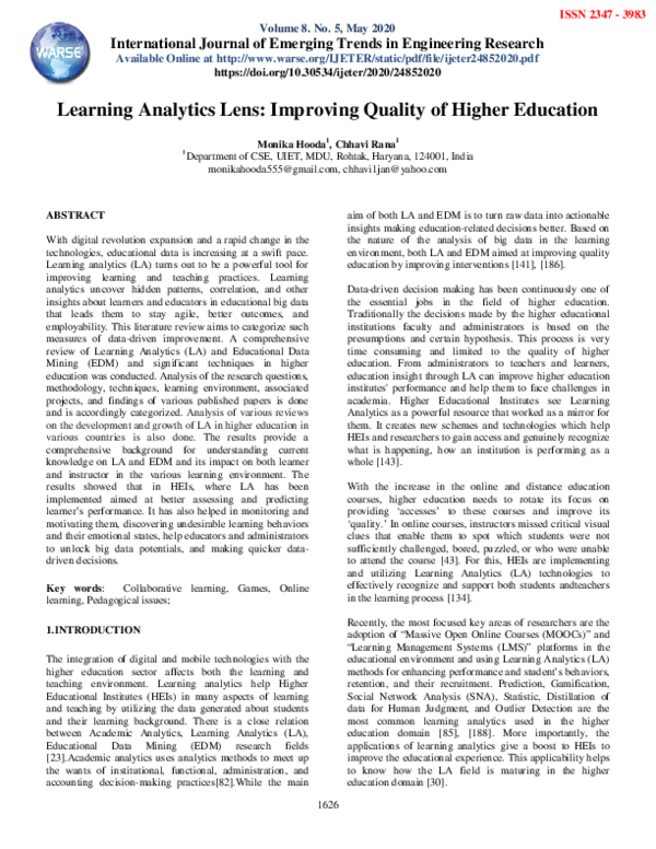 (PDF) Learning Analytics Lens: Improving Quality of Higher Education