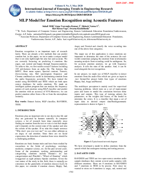 Pdf Mlp Model For Emotion Recognition Using Acoustic Features 1025