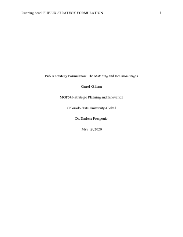 (DOC) Publix Strategy Formulation: The Matching and Decision Stages