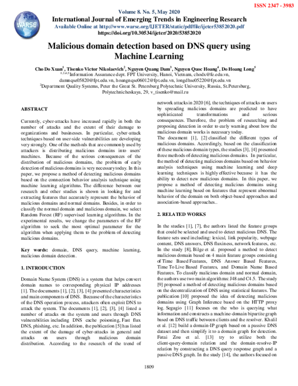 Pdf Malicious Domain Detection Based On Dns Query Using Machine Learning