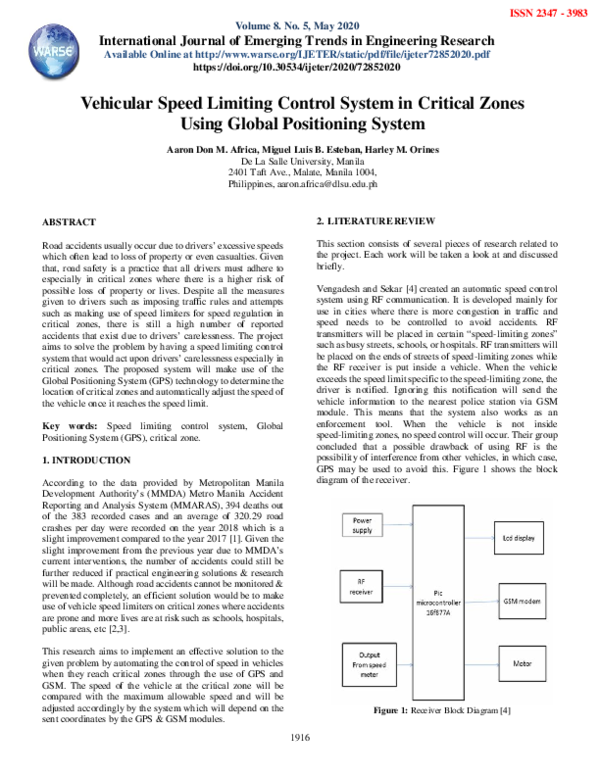 Pdf Vehicular Speed Limiting Control System In Critical Zones Using Global Positioning System
