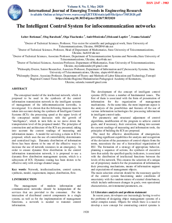 (PDF) The Intelligent Control System for infocommunication networks