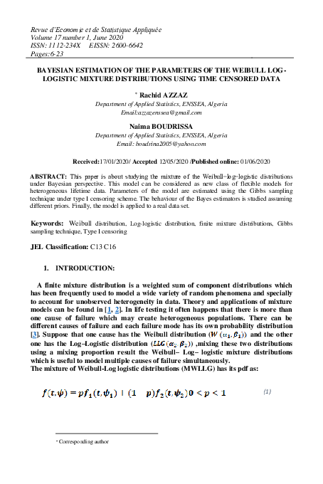 (PDF) BAYESIAN ESTIMATION OF THE PARAMETERS OF THE WEIBULL LOG- LOGISTIC MIXTURE DISTRIBUTIONS ...