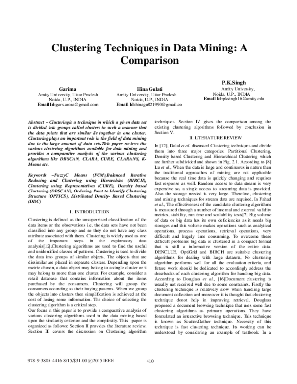 (PDF) Clustering Techniques in Data Mining: A Comparison