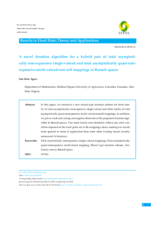 (PDF) Imo Kalu Agwu Results in Fixed Point Theory and Applications A novel iteration algorithm ...