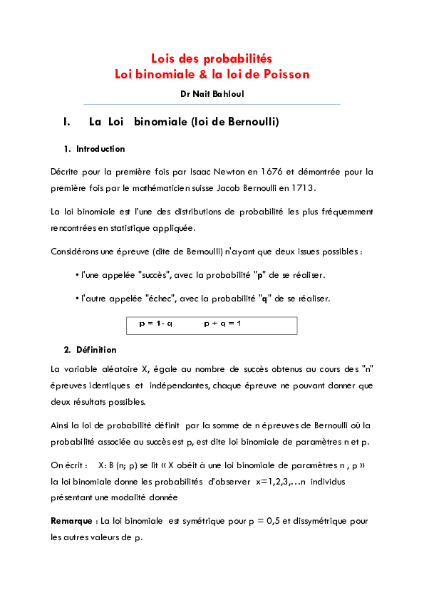 (PDF) Lois des probabilités Loi binomiale & la loi de Poisson