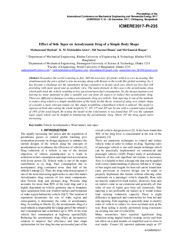 (PDF) Effect of Side Taper on Aerodynamic Drag of a Simple Body Shape