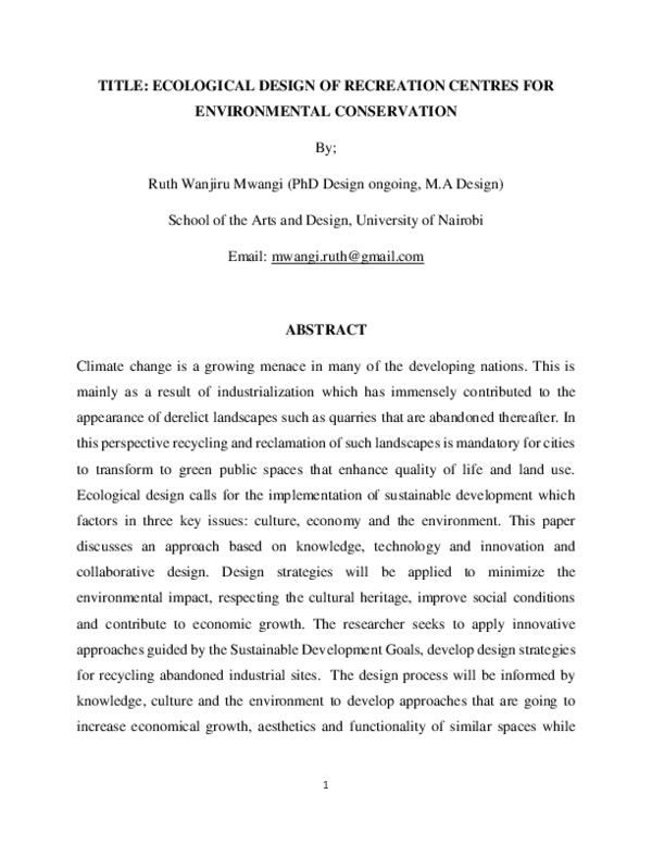 (PDF) TITLE: ECOLOGICAL DESIGN OF RECREATION CENTRES FOR ENVIRONMENTAL ...