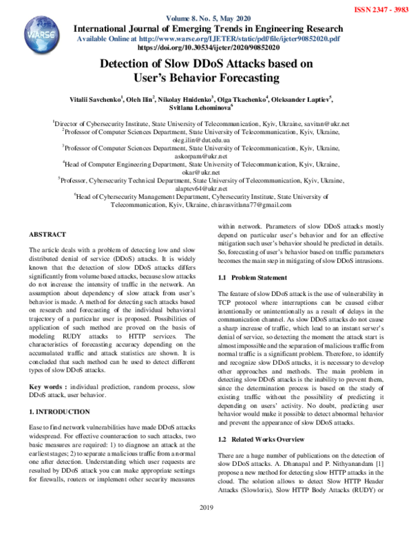Pdf Detection Of Slow Ddos Attacks Based On Users Behavior Forecasting