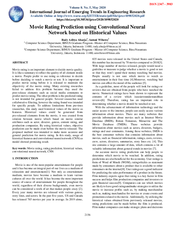 Pdf Movie Rating Prediction Using Convolutional Neural Network Based On Historical Values