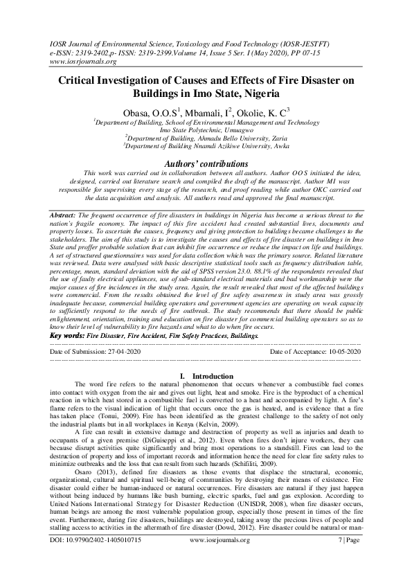 (PDF) Critical Investigation of Causes and Effects of Fire Disaster on ...