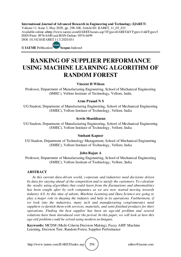 (PDF) RANKING OF SUPPLIER PERFORMANCE USING MACHINE LEARNING ALGORITHM ...