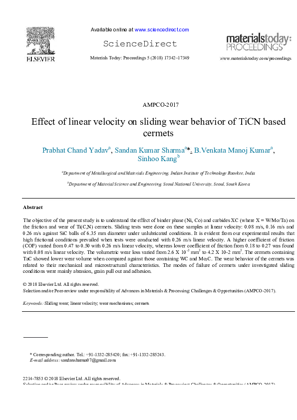 (PDF) ScienceDirect Effect of linear velocity on sliding wear behavior ...