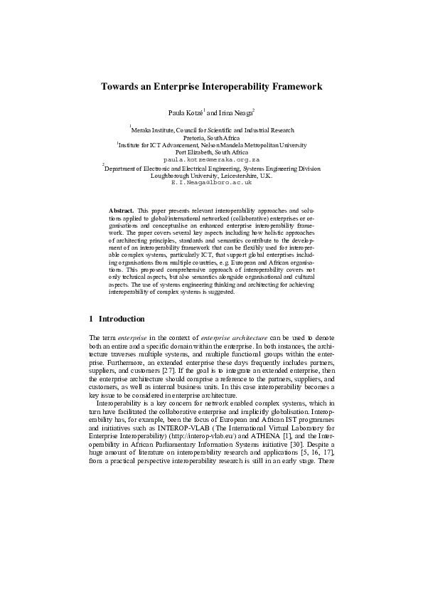 (PDF) Towards an enterprise interoperability framework