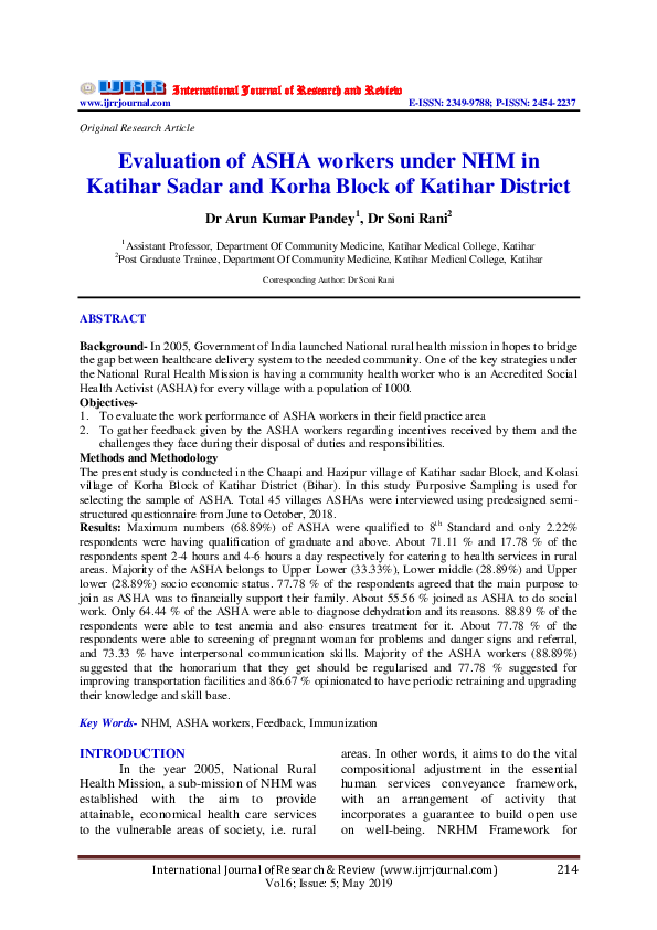 (PDF) Evaluation of ASHA workers under NHM in Katihar Sadar and Korha ...