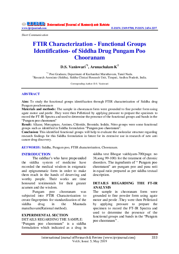 (PDF) FTIR Characterization -Functional Groups Identification-of Siddha ...