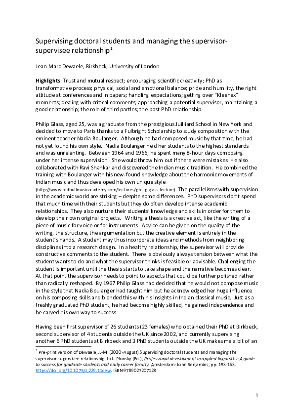(DOC) Supervising doctoral students and managing the supervisor ...