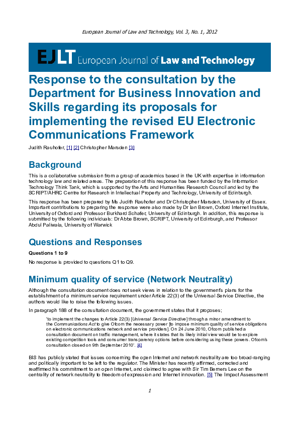 (PDF) Response to the consultation by the Department for Business Innovation and Skills ...