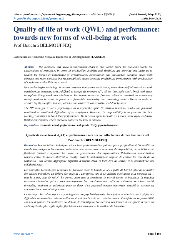 (PDF) Quality of life at work (QWL) and performance: towards new forms ...