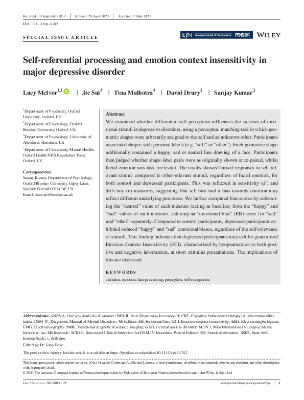 (PDF) Self-referential processing and emotion context insensitivity in ...