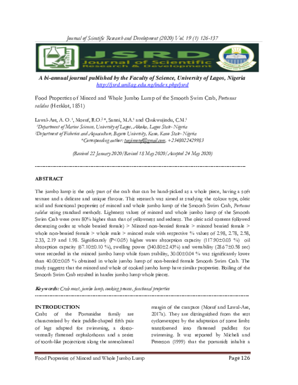 (PDF) Food Properties of Minced and Whole Jumbo Lump of the Smooth Swim ...