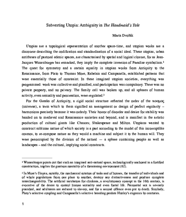 (PDF) Subverting Utopia: Ambiguity in Atwood's The Handmaid's Tale