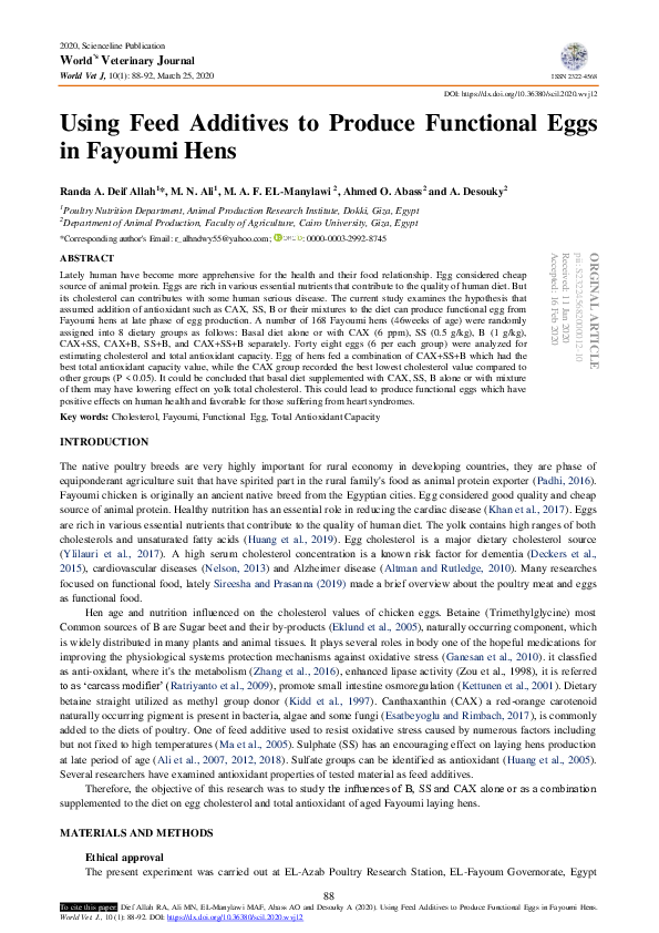 Pdf Using Feed Additives To Produce Functional Eggs In Fayoumi Hens