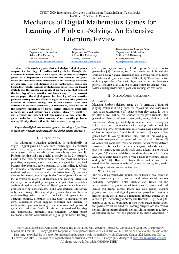 (PDF) Mechanics of Digital Mathematics Games for Learning of Problem ...