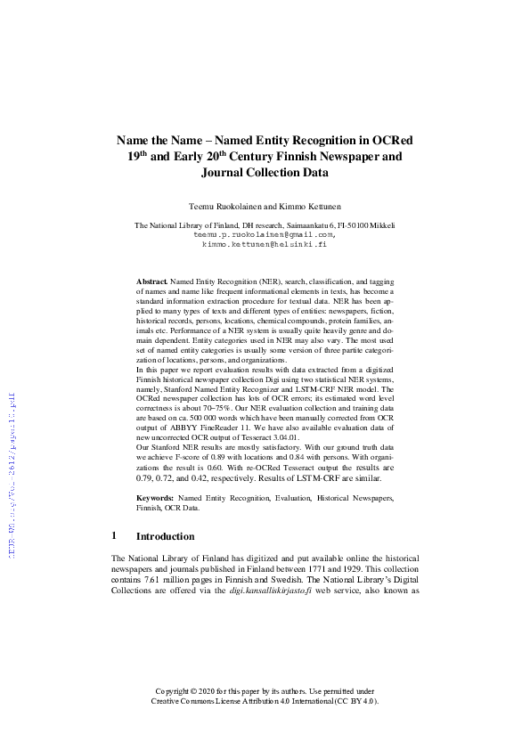 Pdf Name The Name Named Entity Recognition In Ocred 19 Th And Early