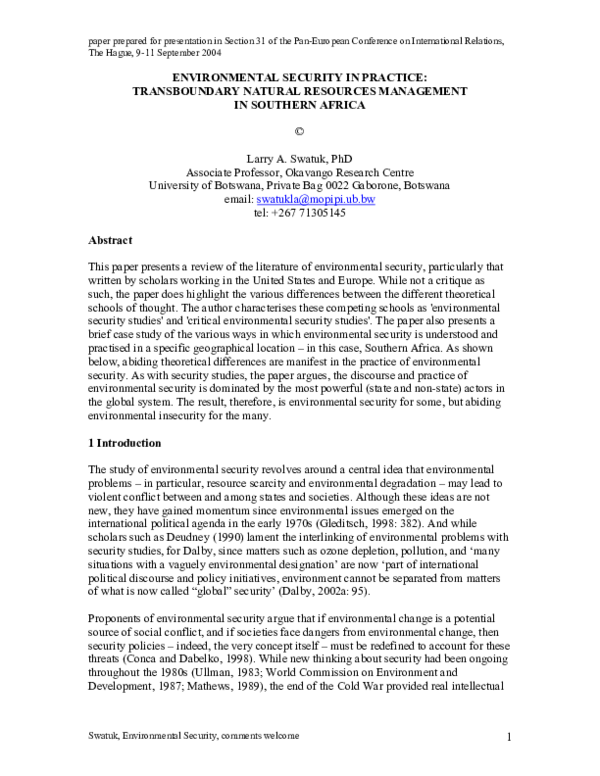 (PDF) Environmental security in practice: Transboundary natural ...