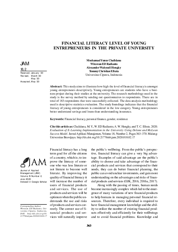 (PDF) Financial Literacy Level of Young Entrepreneurs in The Private ...