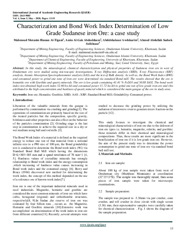 (PDF) Characterization and Bond Work Index Determination of Low Grade Sudanese iron Ore: a case ...