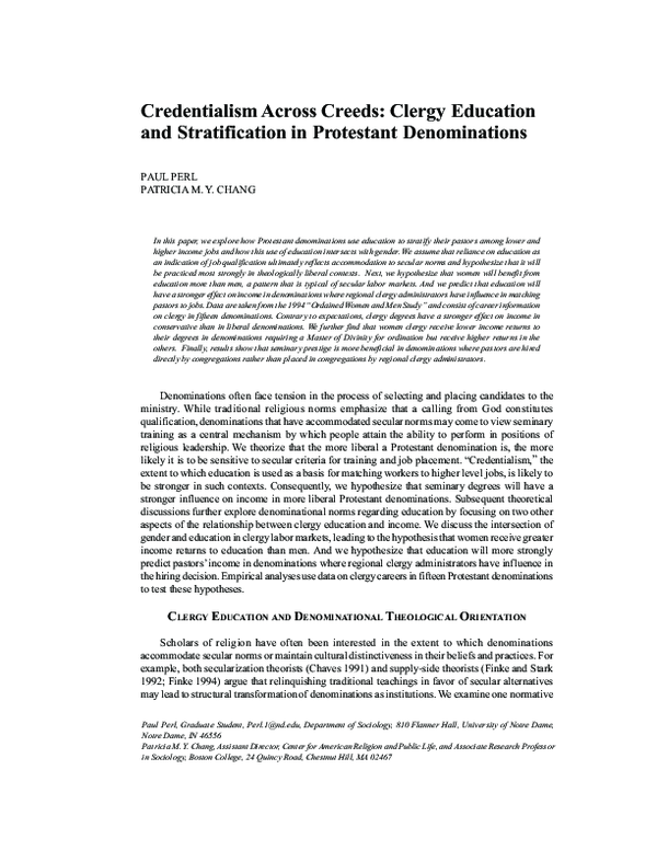 (PDF) Credentialism Across Creeds: Clergy Education and Stratification ...