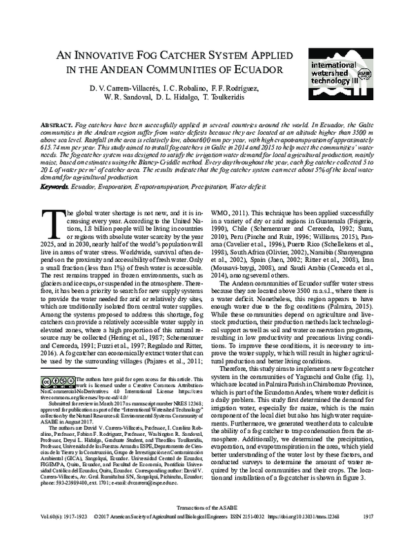 (PDF) AN INNOVATIVE FOG CATCHER SYSTEM APPLIED IN THE ANDEAN ...