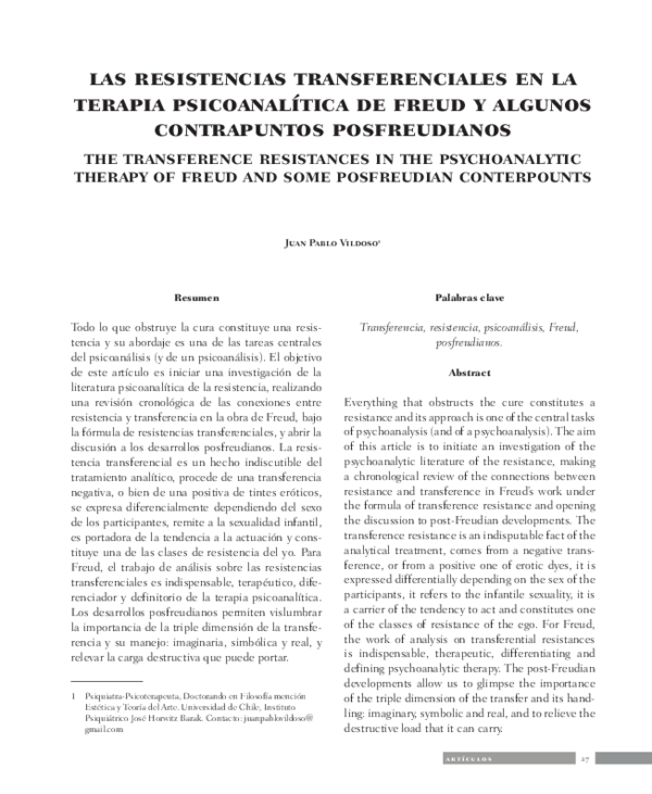 (PDF) the transference resistances in the psychoanalytic therapy of ...