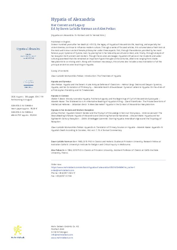 (PDF) Hypatia of Alexandria: Her Context and Legacy