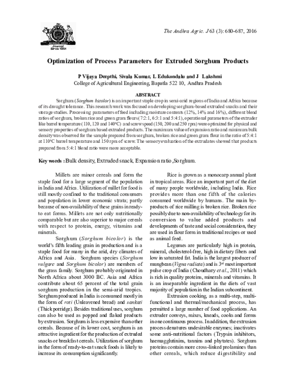 (PDF) Optimization of Process Parameters for Extruded Sorghum Products