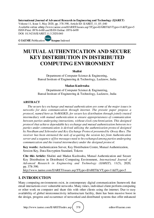 Pdf Mutual Authentication And Secure Key Distribution In Distributed
