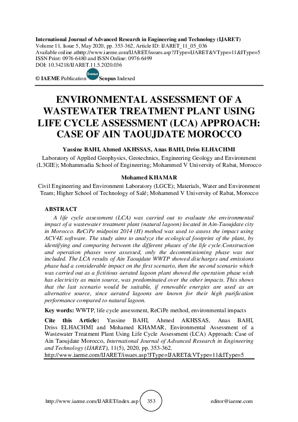 (PDF) ENVIRONMENTAL ASSESSMENT OF A WASTEWATER TREATMENT PLANT USING ...